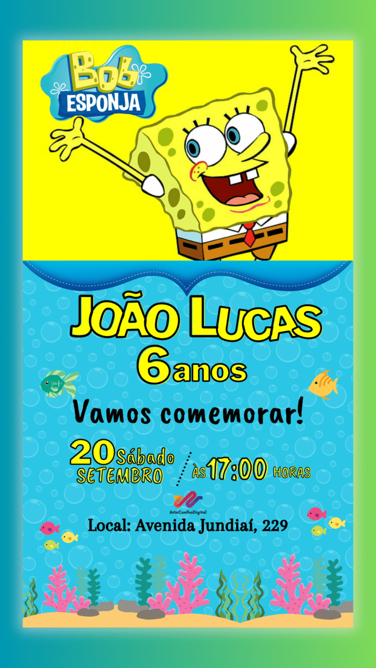 Convite Animado Bob Esponja – Arte Coelho Digital