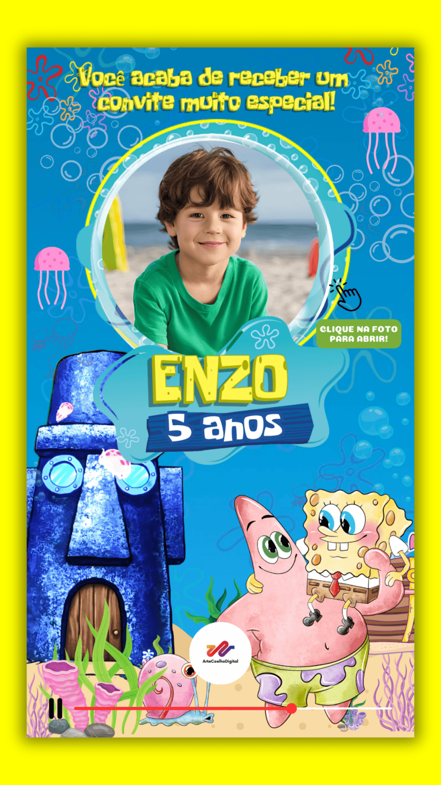 Convite Animado Bob Esponja – Arte Coelho Digital